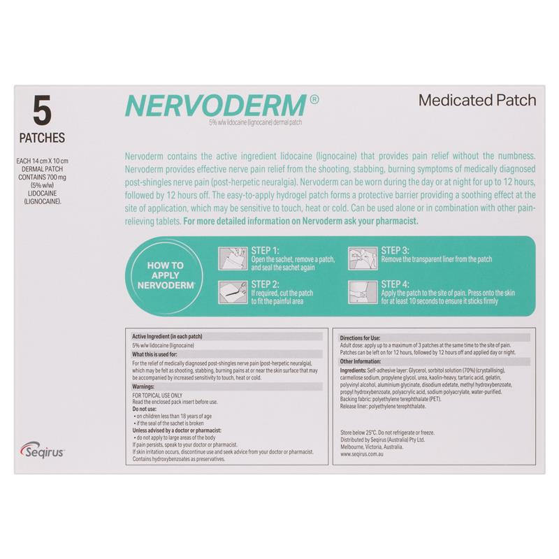 Nervoderm Medicated with 5% Lidocaine Dermal Patch - 5 Patches – Scown ...