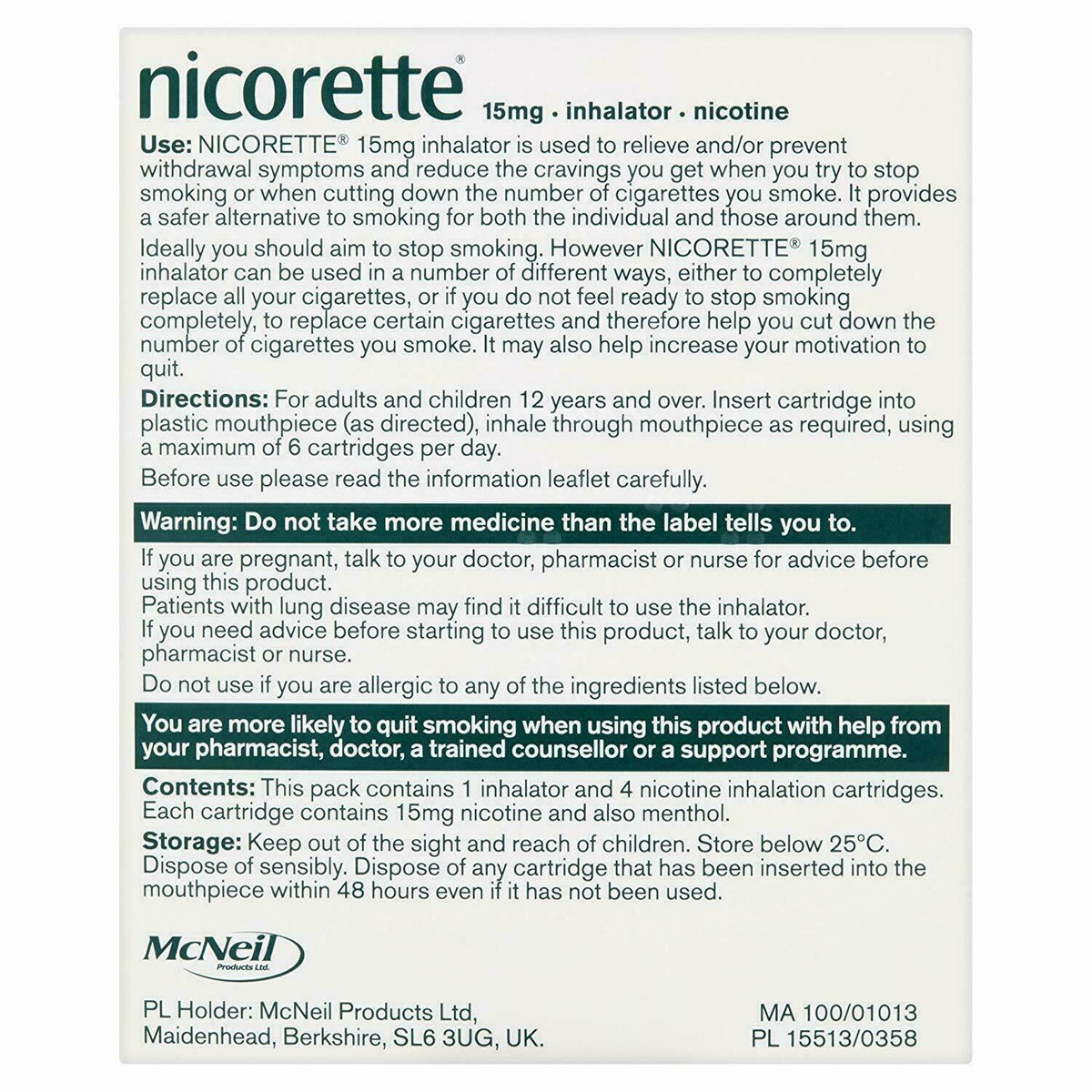 Nicorette Inhalator 1 Mouthpiece 4 Cartridges 15mg – Scown's Pharmacy