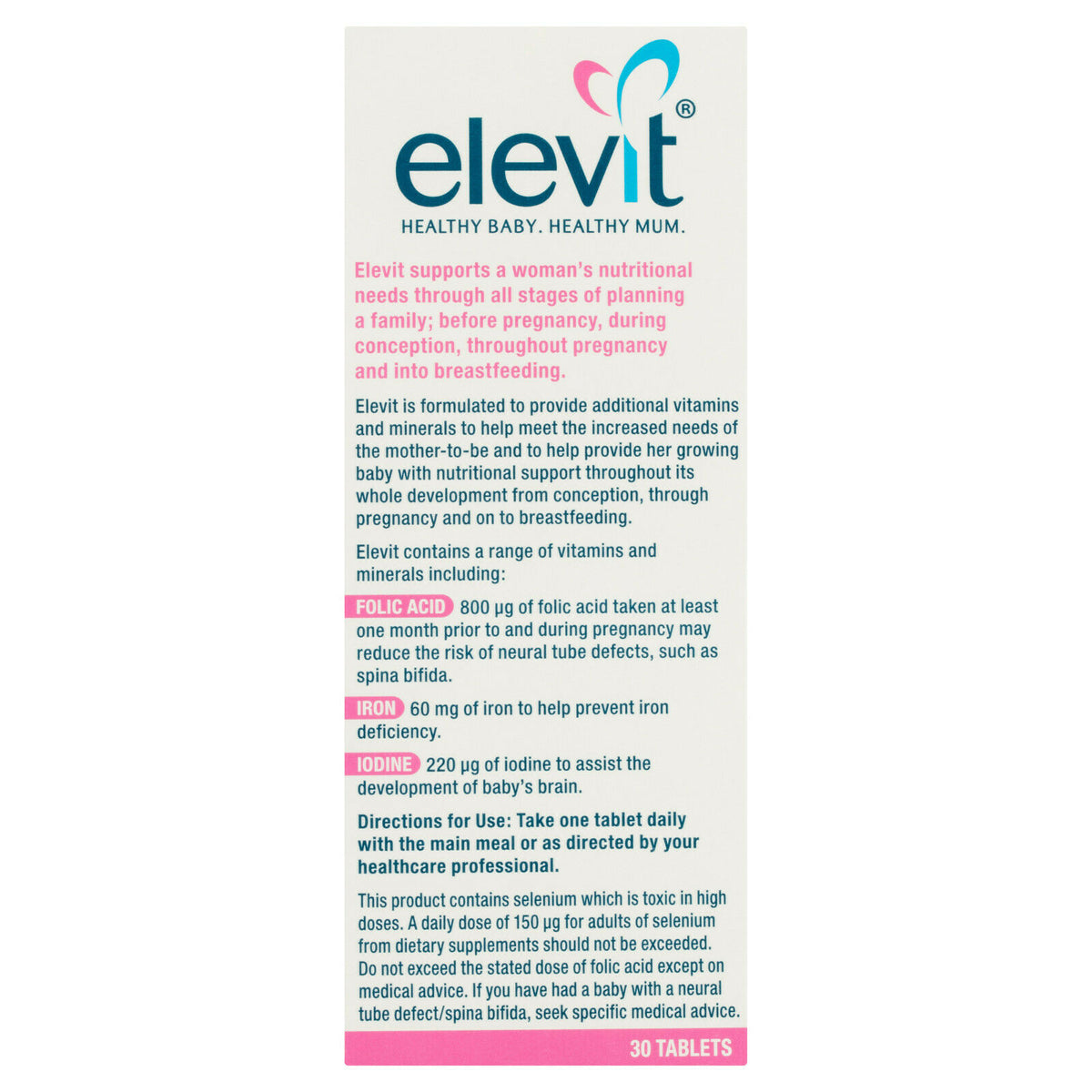 Elevit 30 Tablets Healthy Baby & Mum Vitamins B C D Minerals Folic Aci ...