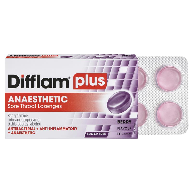 Difflam Plus Anaesthetic Sore Throat Berry Flavour 16 Lozenges – Scown ...