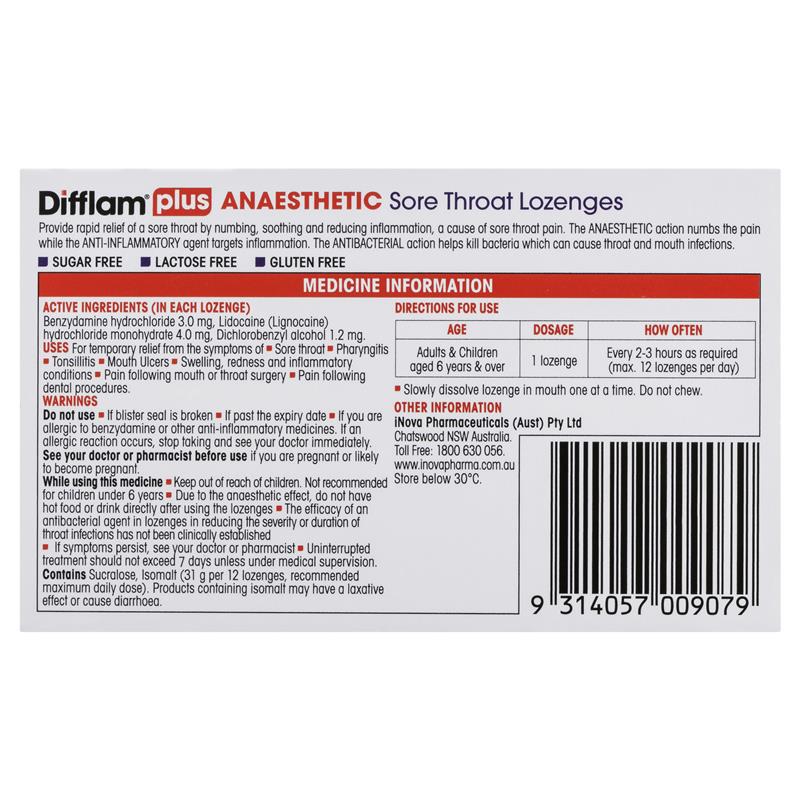 Difflam Plus Anaesthetic Sore Throat Lozenges Blackcurrant Flavour 16 ...