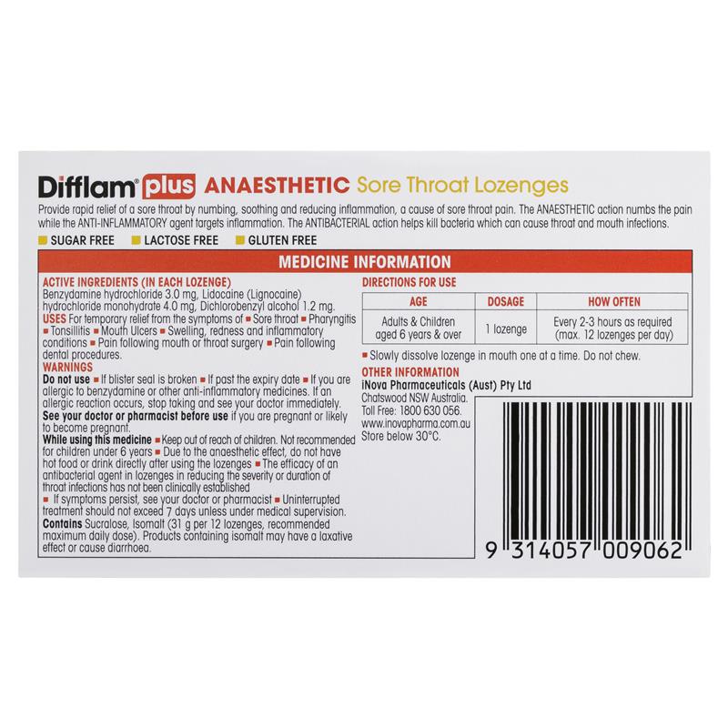 Difflam Plus Anaesthetic Sore Throat Lozenges Honey & Lemon Flavour 16 ...