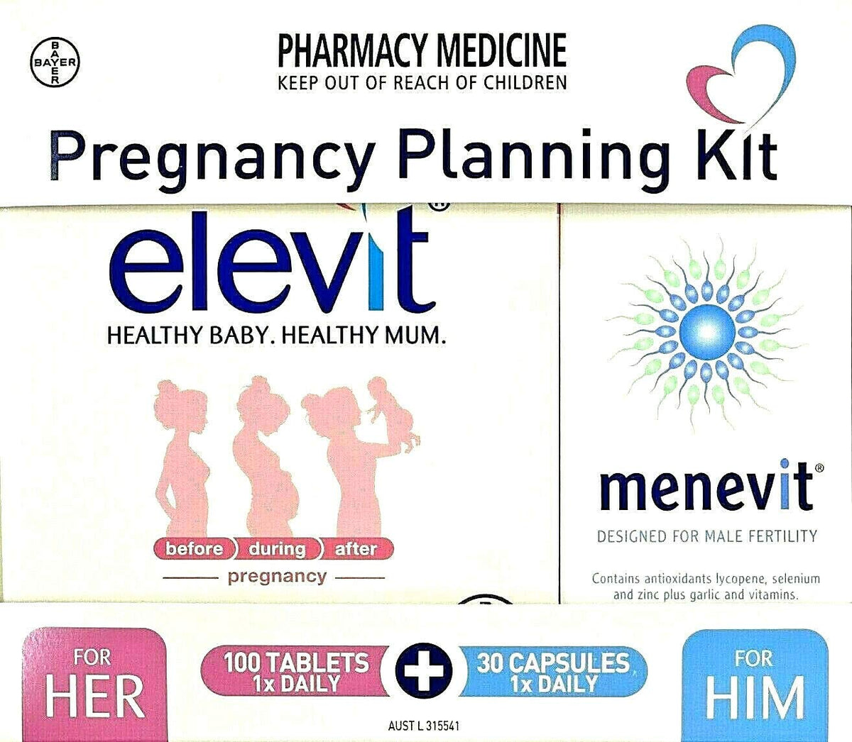 Elevit 100 Tablets & Menevit 30 Capsules Pregnancy Planning Kit Combo ...