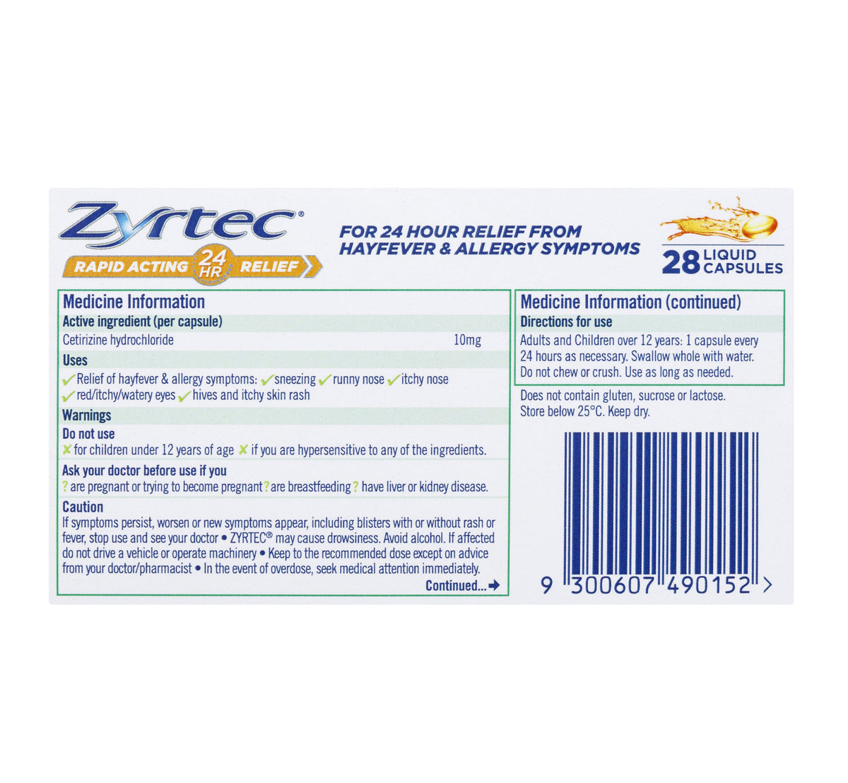 Zyrtec Rapid Acting Allergy & Hayfever Relief 28 Capsules – Scown's ...