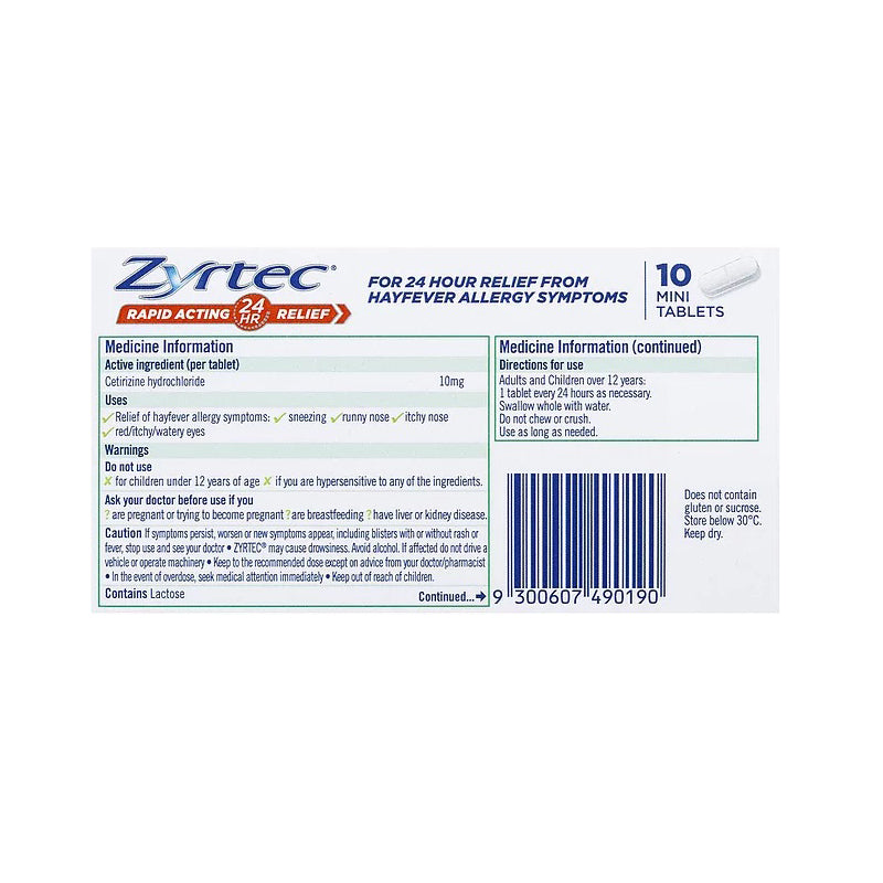 Zyrtec Cetirizine Rapid Acting Allergy & Hayfever Relief 10 Tablets ...